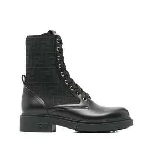 Fendi Black Logo Pattern Lace-up Boots
