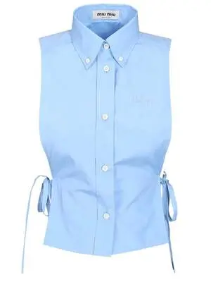 Miu Miu Sleeveless Cotton Shirt With Embroidered Logo - Blue