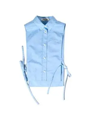 Miu Miu Sleeveless Cotton Shirt With Embroidered Logo - Blue