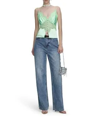 SELF-PORTRAIT Straight Leg Denim Jeans With Rhinestone Embellishment