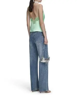 SELF-PORTRAIT Straight Leg Denim Jeans With Rhinestone Embellishment