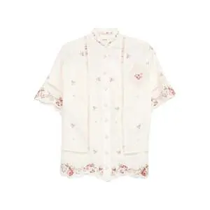Zimmermann Linen Floral Print Lace Shirt - Cream