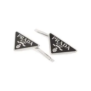Prada Brass Hair Pin With Enameled Logo - Black