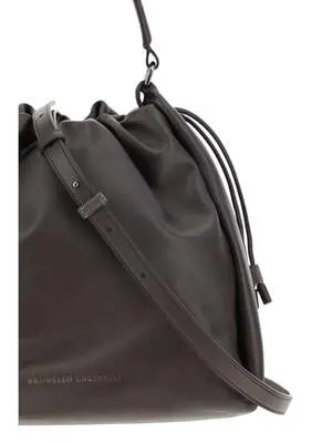 Brunello Cucinelli Leather Shoulder Bag With Drawstring Closure - Brown