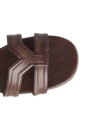 Saint Laurent Mabrouka Leather Sandals With Gold Tone Logo Plaques - Brown
