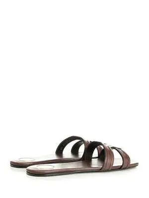 Saint Laurent Mabrouka Leather Sandals With Gold Tone Logo Plaques - Brown