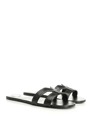 Saint Laurent Mabrouka Leather Sandals With Gold Tone Logo Plaques - Black
