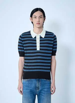 WALES BONNER Striped Knit Polo Shirt - Blue
