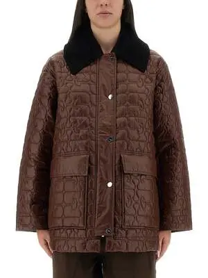 GANNI Quilted Midi Jacket With Textured Collar