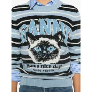 GANNI Striped Wool Blend Sweater With Cat Graphic