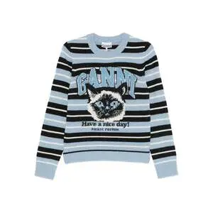 GANNI Striped Wool Blend Sweater With Cat Graphic - Blue