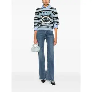 GANNI Striped Wool Blend Sweater With Cat Graphic - Blue