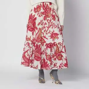 Etro White Cotton Floral Print Full Skirt - Red