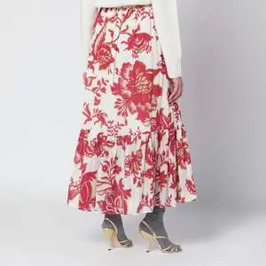 Etro White Cotton Floral Print Full Skirt - Red