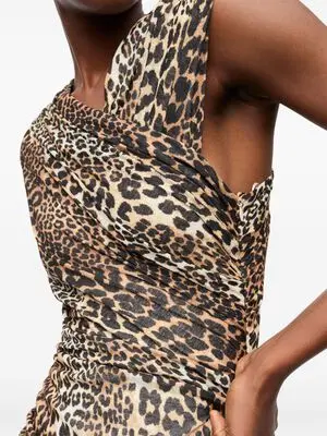 GANNI Leopard Print Sleeveless V-neck Asymmetric Hem Midi Dress