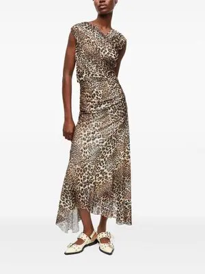 GANNI Leopard Print Sleeveless V-neck Asymmetric Hem Midi Dress