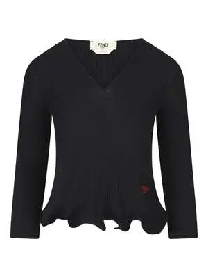 Fendi Ribbed V-neck Sweater With Scalloped Hem