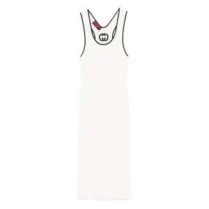 Gucci Sleeveless Crew Neck Dress With Signature Logo Trim - White