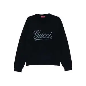 Gucci Navy Wool Logo Crew Neck Sweater - Blue