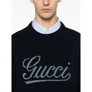 Gucci Navy Wool Logo Crew Neck Sweater