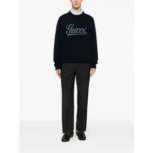 Gucci Navy Wool Logo Crew Neck Sweater