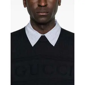 Gucci Dark Tonal Logo Ribbed Knit Crew Neck Long Sleeve Sweater