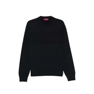 Gucci Dark Tonal Logo Ribbed Knit Crew Neck Long Sleeve Sweater - Blue