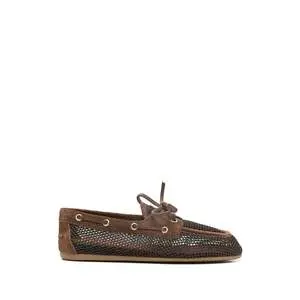 Miu Miu Suede And Mesh Loafers With Eyelet Detail - Brown