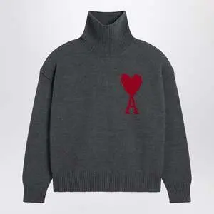 Ami Wool Turtleneck Sweater With De Coeur Logo - Gray