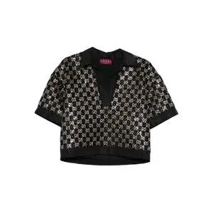 Gucci Embellished Sequin V-neck Cropped Top - Black