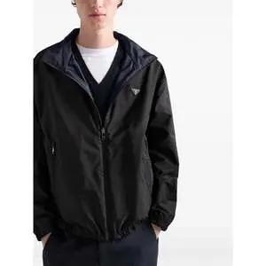 Prada Zip-up Bomber Jacket With Logo Plaque - Black