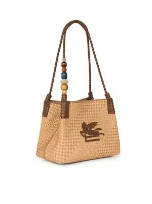 Etro Libra Small Raffia Shopping Bag With Embroidered Pegasus Logo - Brown