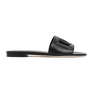 Dolce & Gabbana Calf Leather Flat Slides Sandals With Dg Emblem - Black