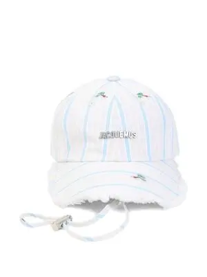 Jacquemus White Jacquard Stripe Baseball Cap With Embroidery And Fringe Trim
