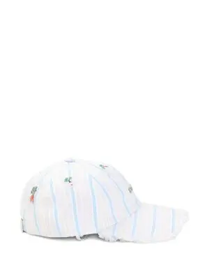 Jacquemus White Jacquard Stripe Baseball Cap With Embroidery And Fringe Trim