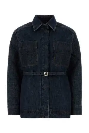 Fendi Denim Jacket With Ff Buckle Belt - Blue