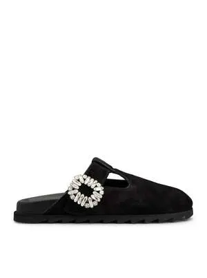 ROGER VIVIER Suede Mules With Crystal Buckle - Black