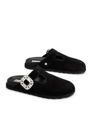 ROGER VIVIER Suede Mules With Crystal Buckle - Black
