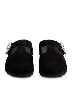 ROGER VIVIER Suede Mules With Crystal Buckle - Black