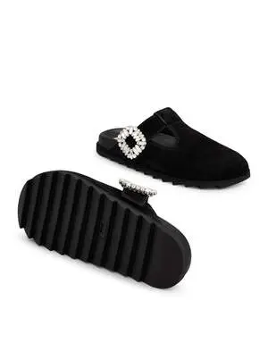ROGER VIVIER Suede Mules With Crystal Buckle - Black