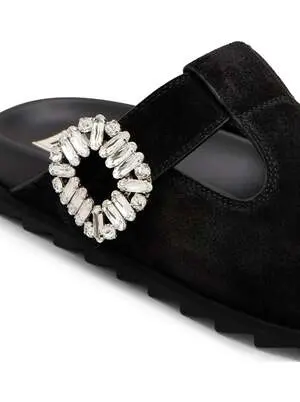 ROGER VIVIER Suede Mules With Crystal Buckle - Black