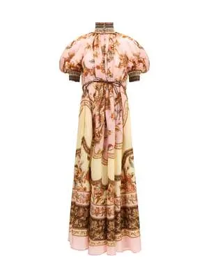 Zimmermann Aster Billow Dress Printed Silk Maxi Dress With Puff Sleeves And Belted Waist - Multicolor