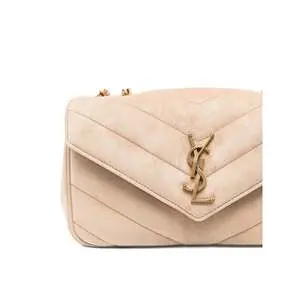 Saint Laurent Beige Suede Logo Plaque Chain Shoulder Bag - Cream