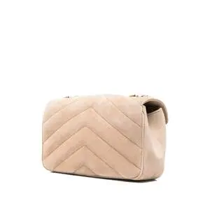 Saint Laurent Beige Suede Logo Plaque Chain Shoulder Bag - Cream