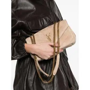 Saint Laurent Beige Suede Logo Plaque Chain Shoulder Bag