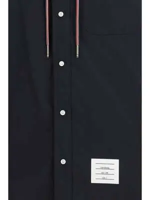 Thom Browne Nylon Cotton Hooded Shirt Jacket With Drawstring And Logo Patch - Black