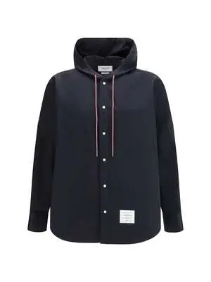 Thom Browne Nylon Cotton Hooded Shirt Jacket With Drawstring And Logo Patch - Black