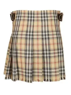 Burberry Check Wool Mini Kilt With Fringes And Buckle Detail - Brown