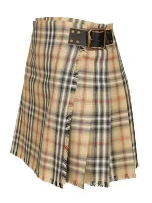 Burberry Check Wool Mini Kilt With Fringes And Buckle Detail - Brown