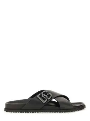 Dolce & Gabbana Calfskin Cross Strap Sandals With Dg Logo - Black